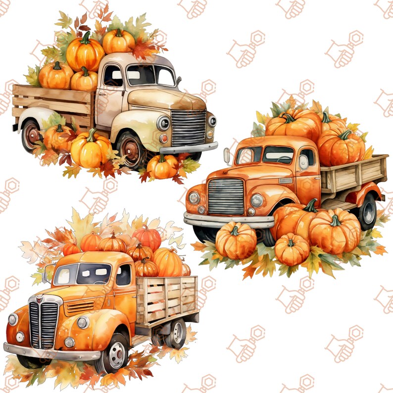 Watercolor Pumpkin Truck Clipart: Fall Harvest PNG Images (digital ...