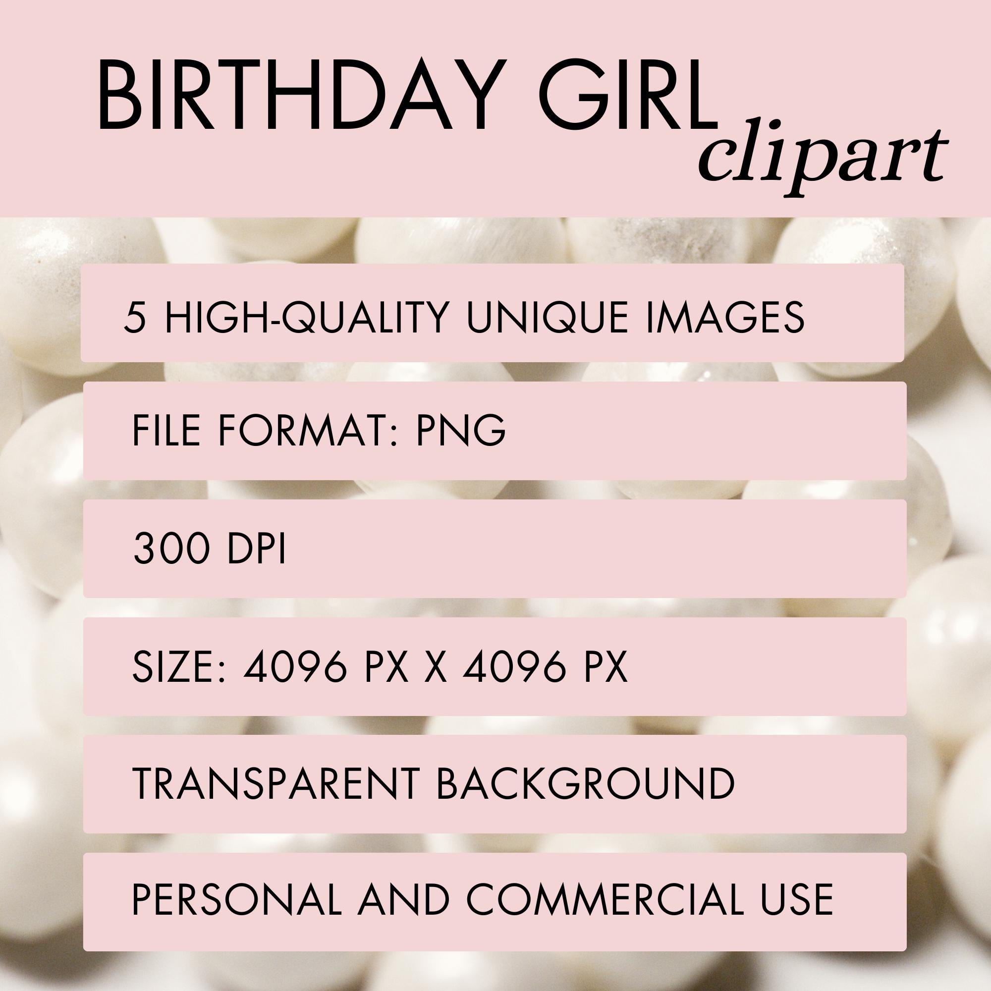 Birthday Girl Clipart: Pink Dress, Balloons, and Cake (PNG Digital Art ...