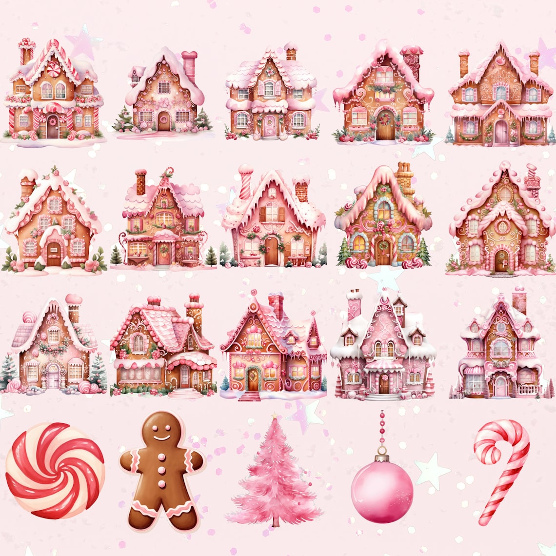 Christmas Pink Gingerbread House Clipart Bundle, Watercolor Gingerbread ...