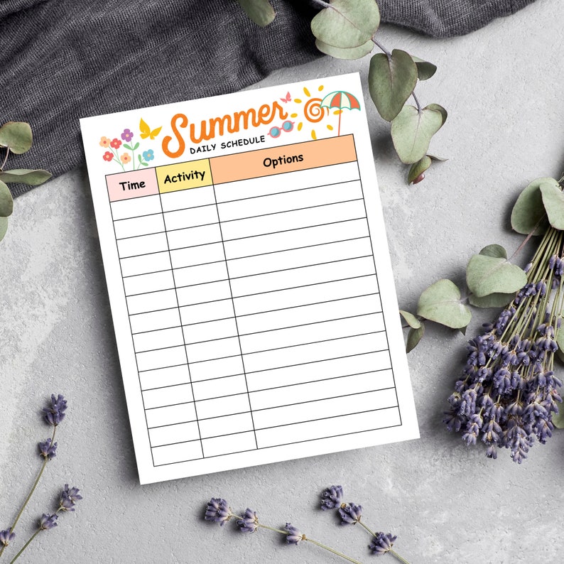 Kids Summer Daily Schedule: Chore Chart & Activities (printable ...