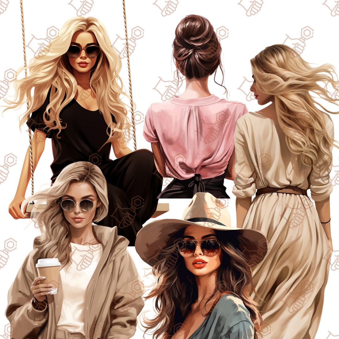 Fashion Girl Clipart: Stylish Women Illustrations (PNG Digital Download ...
