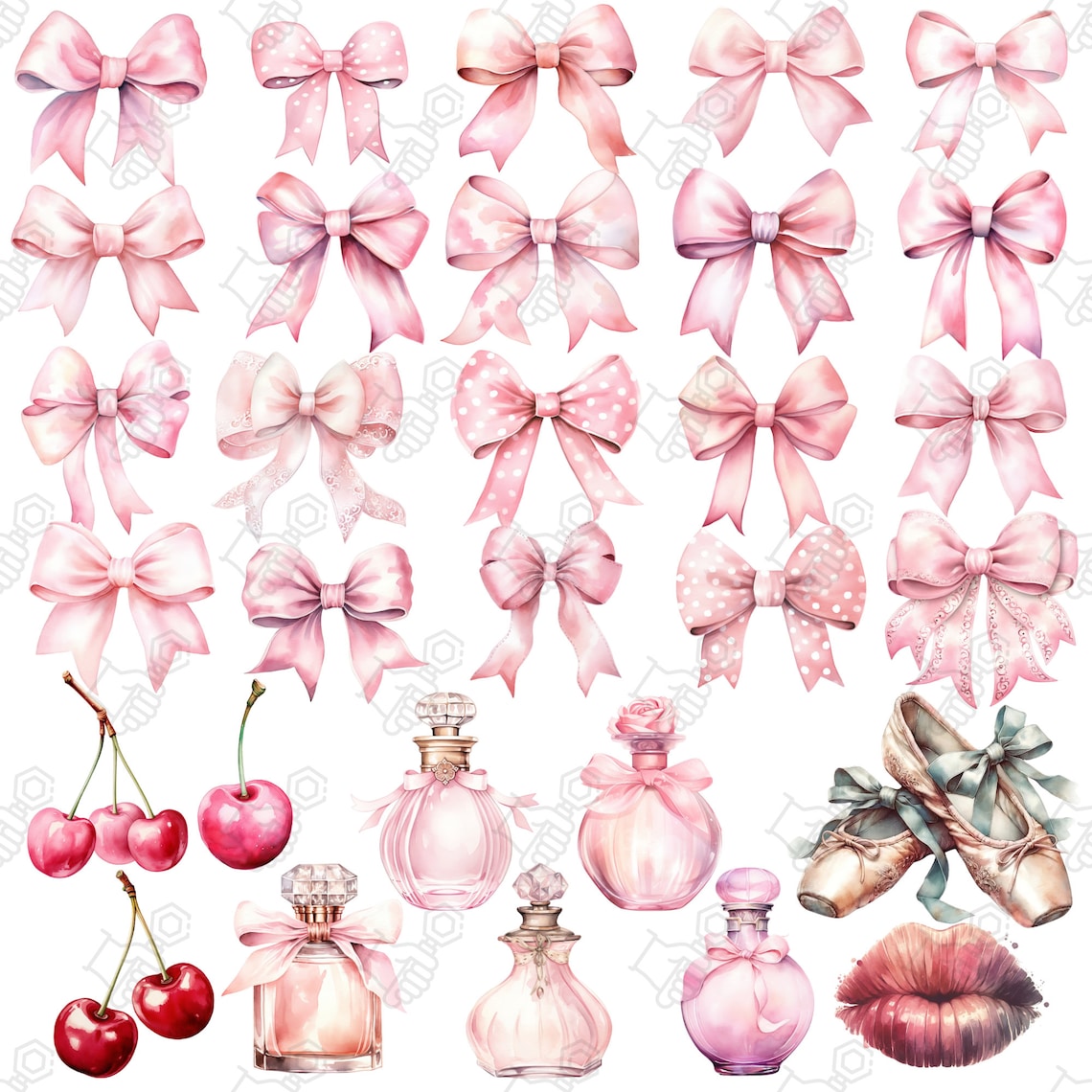 Coquette Aesthetic Pink Bows Clipart, Pink Watercolor Clipart for ...