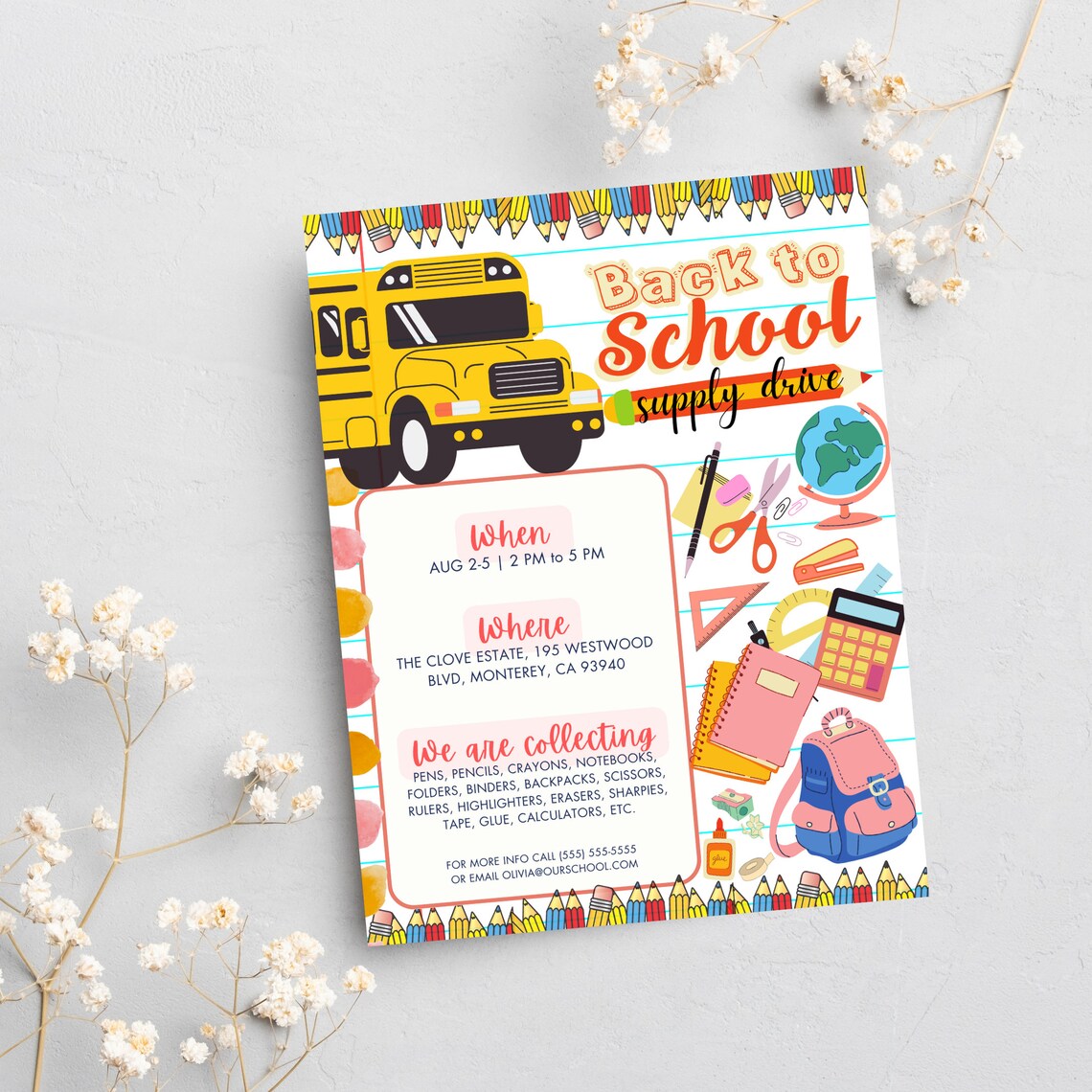 Back to School Drive Flyer Template, Editable Back to School Supply ...