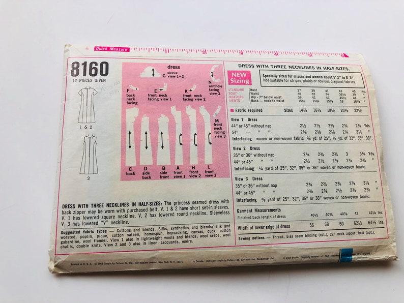 60s Vintage Simplicity 8160 Bust 39 Size 16 1/2 Sewing - Etsy