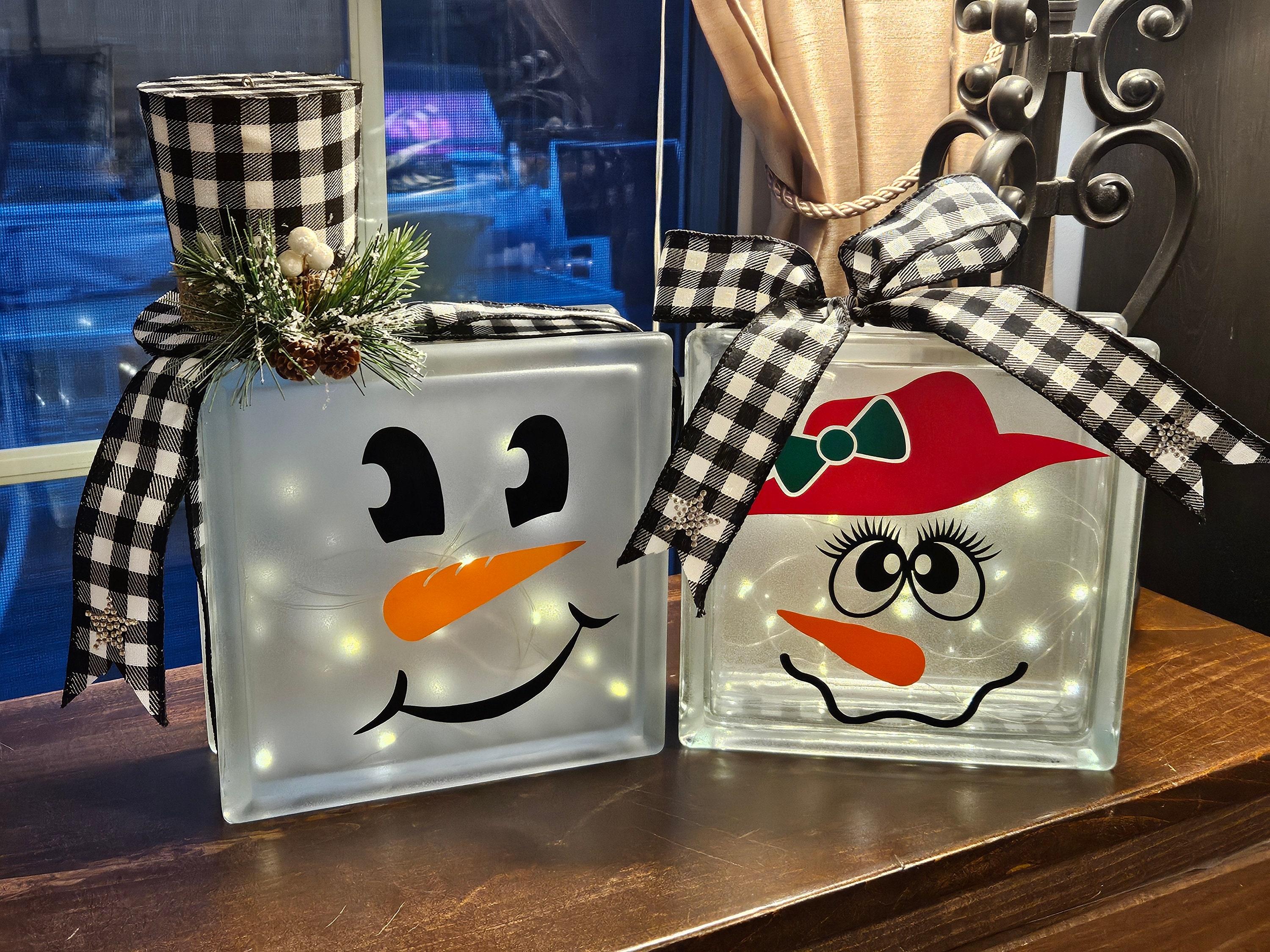 Snowman Decorative Lighted Glass Block With Gift Bag - Etsy