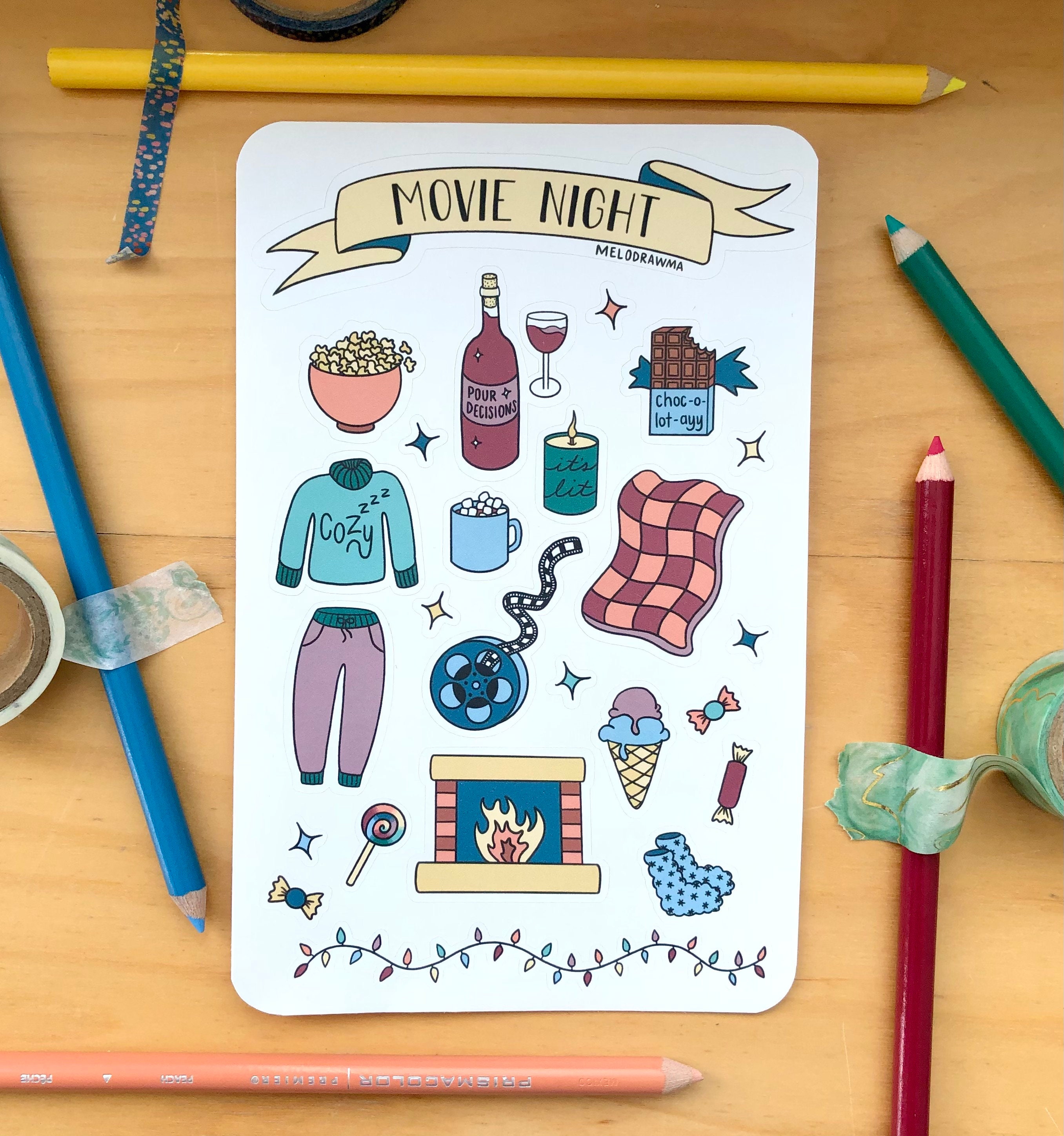Movie Night Sticker Sheet - Illustrated Sticker Sheet - Melodrawma - Etsy