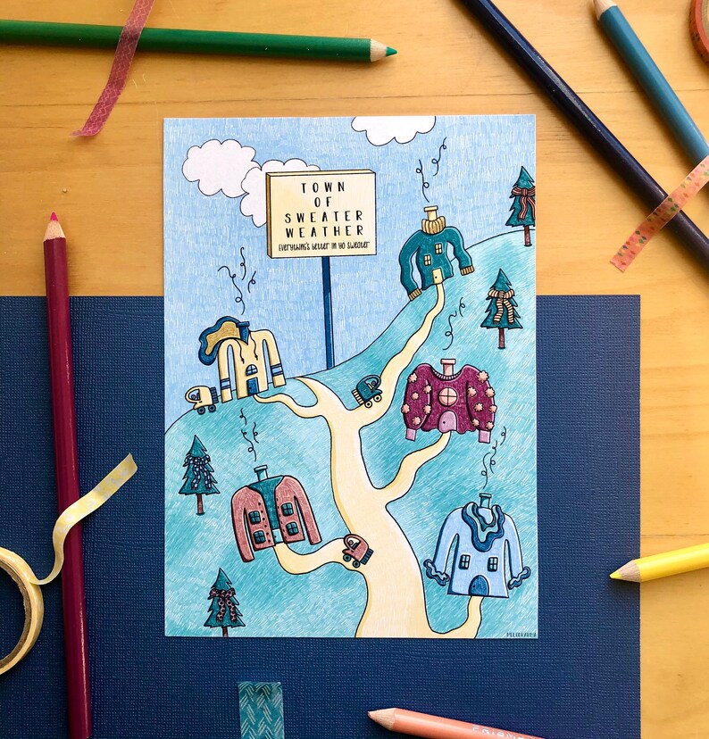 Sweater Weather Town Art Print - Illustrated Art - Whimsical Art - Wall ...