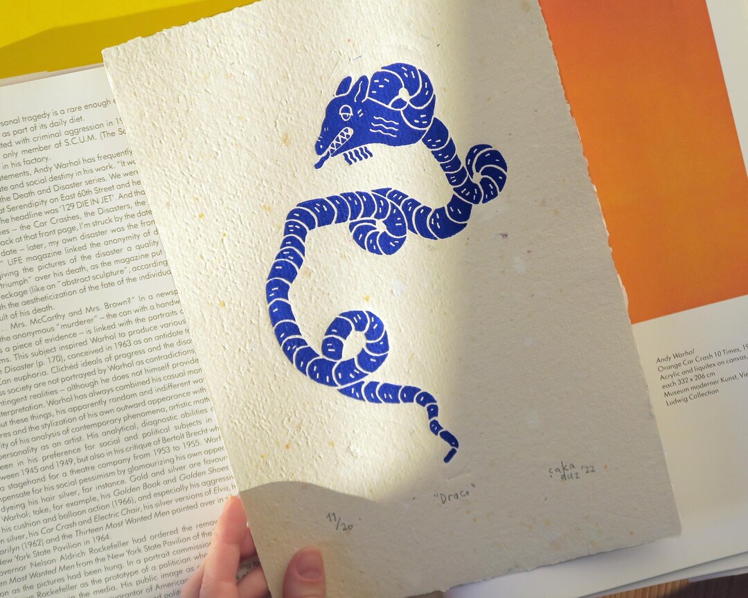 Dragon Linocut Print: Vibrant Blue Celestial Artwork, Limited Edition ...