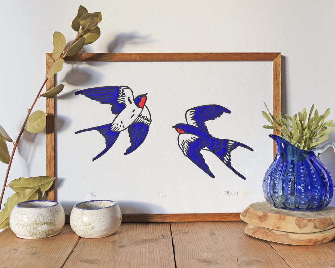 Flying Swallows Linocut Print: Blue Bird Wall Art - Etsy