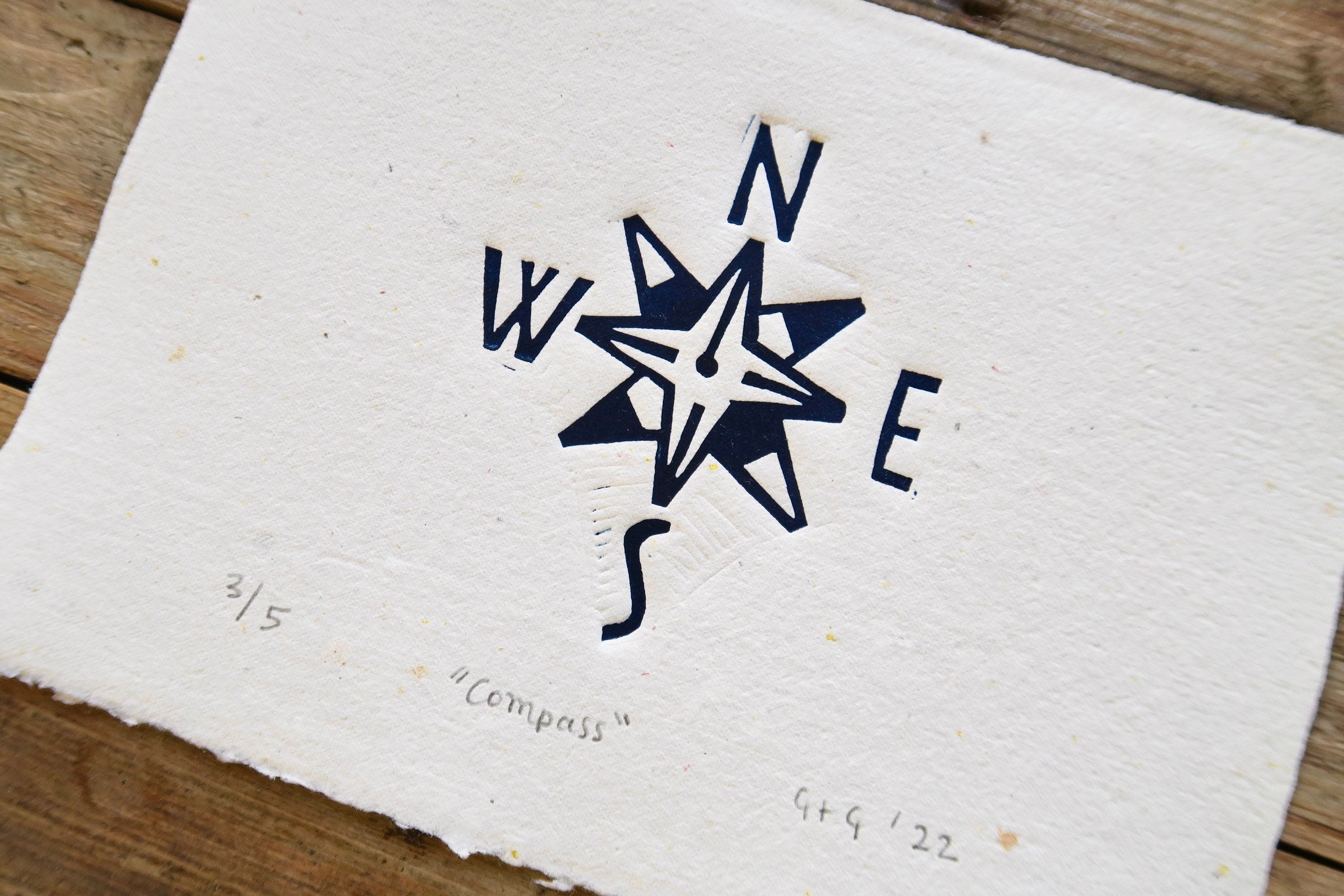 COMPASS Linocut Print Nautical Wall Art, Ocean Theme Decor, Hand ...
