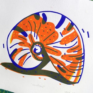 Nautilus Shell A3 Linocut Original Print - Gift for Marine-theme Lovers ...