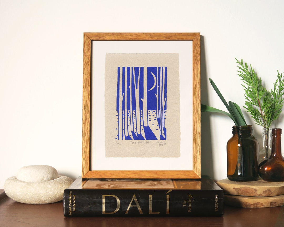 Forest Framed Linocut Night in the Woods, Blue Linoleum Print, Night ...