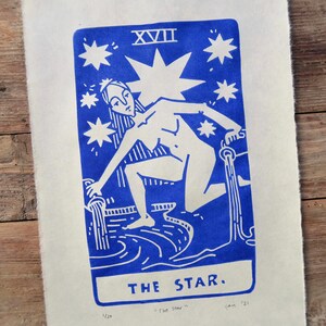 THE STAR Linocut Print- Woman With Shining Stars Wall Art, Hand Printed ...