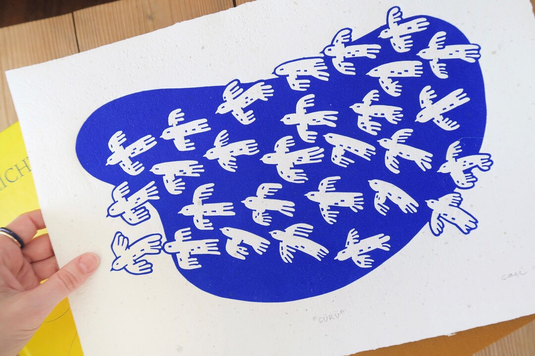 DANCE of STARLINGS A3 Linocut Print - Peace, Freedom, Flying Flock of ...