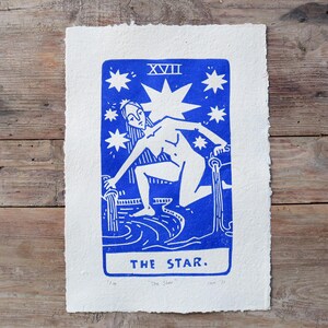 THE STAR Linocut Print- Woman With Shining Stars Wall Art, Hand Printed ...