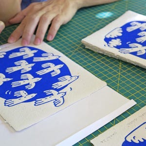 FLYING BIRDS Linocut Print - Peace, Freedom, Vibrant Blue Wall Art ...