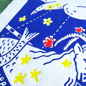 Capricorn A3 Linocut Print - Goat With an Eagle Constellation, Vibrant ...