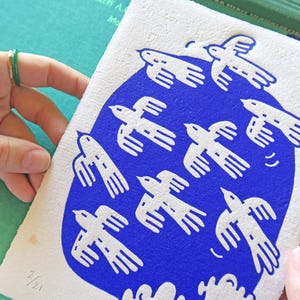 FLYING BIRDS Linocut Print - Peace, Freedom, Vibrant Blue Wall Art ...