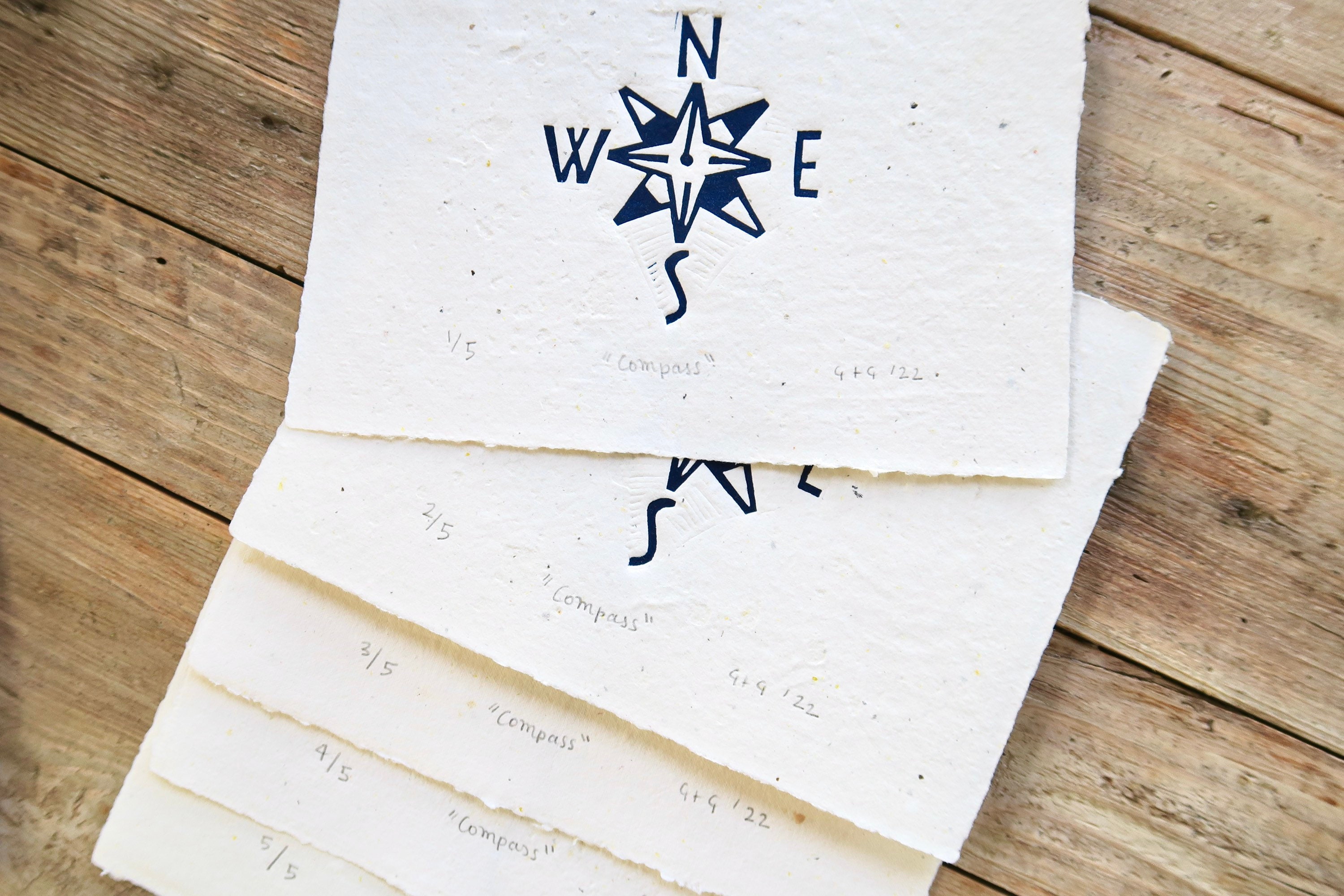 COMPASS Linocut Print Nautical Wall Art, Ocean Theme Decor, Hand ...