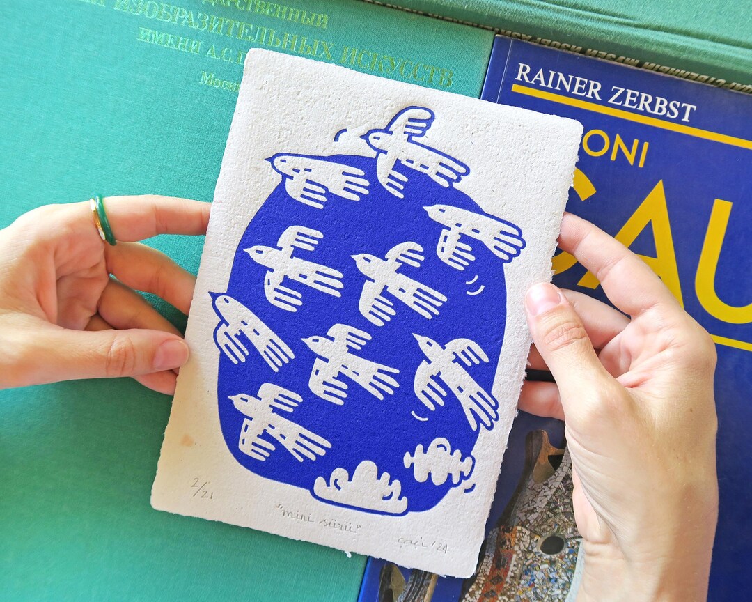 FLYING BIRDS Linocut Print - Peace, Freedom, Vibrant Blue Wall Art ...