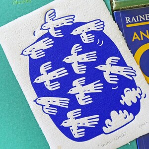 FLYING BIRDS Linocut Print - Peace, Freedom, Vibrant Blue Wall Art ...