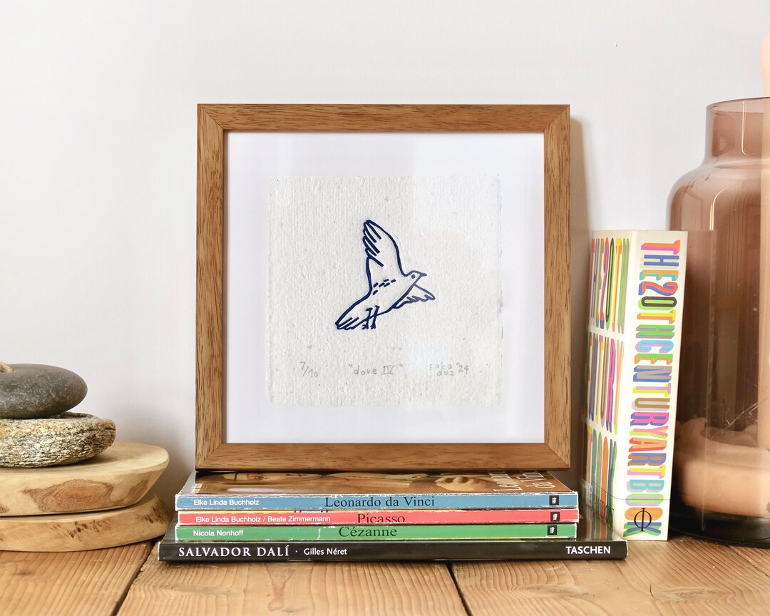 DOVE 4 FRAMED Linocut Print - Peace, Love, Freedom, Flying Bird Wall ...