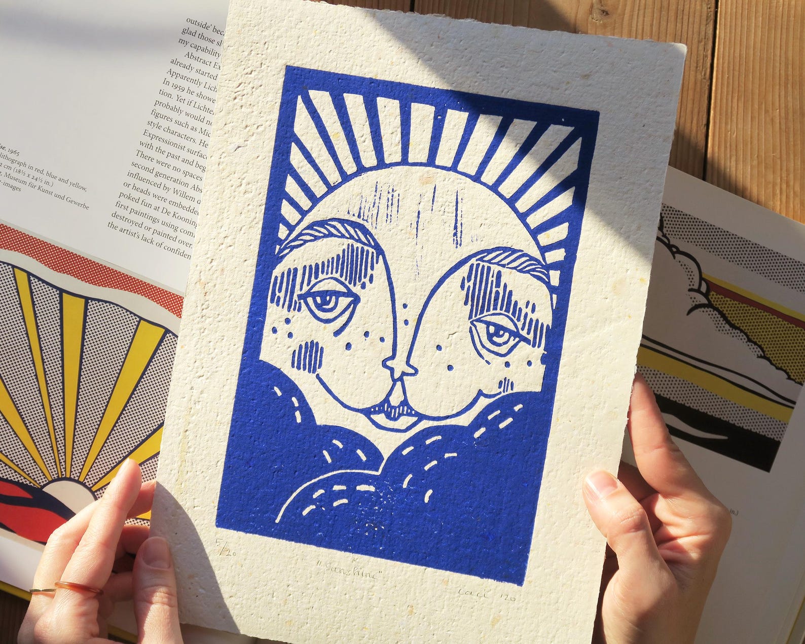 SUNSHINE Linocut Print - Sun Face With Clouds Artwork, Summer House ...
