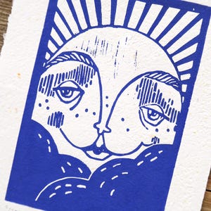 SUNSHINE Linocut Print - Sun Face With Clouds Artwork, Summer House ...