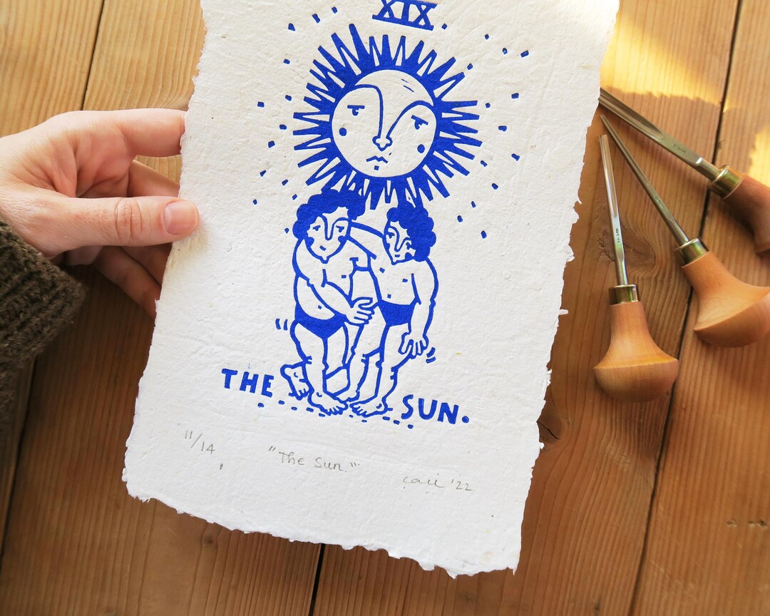 THE SUN Linocut Print- Shining Sun With Two Children, Le Soleil Tarot ...