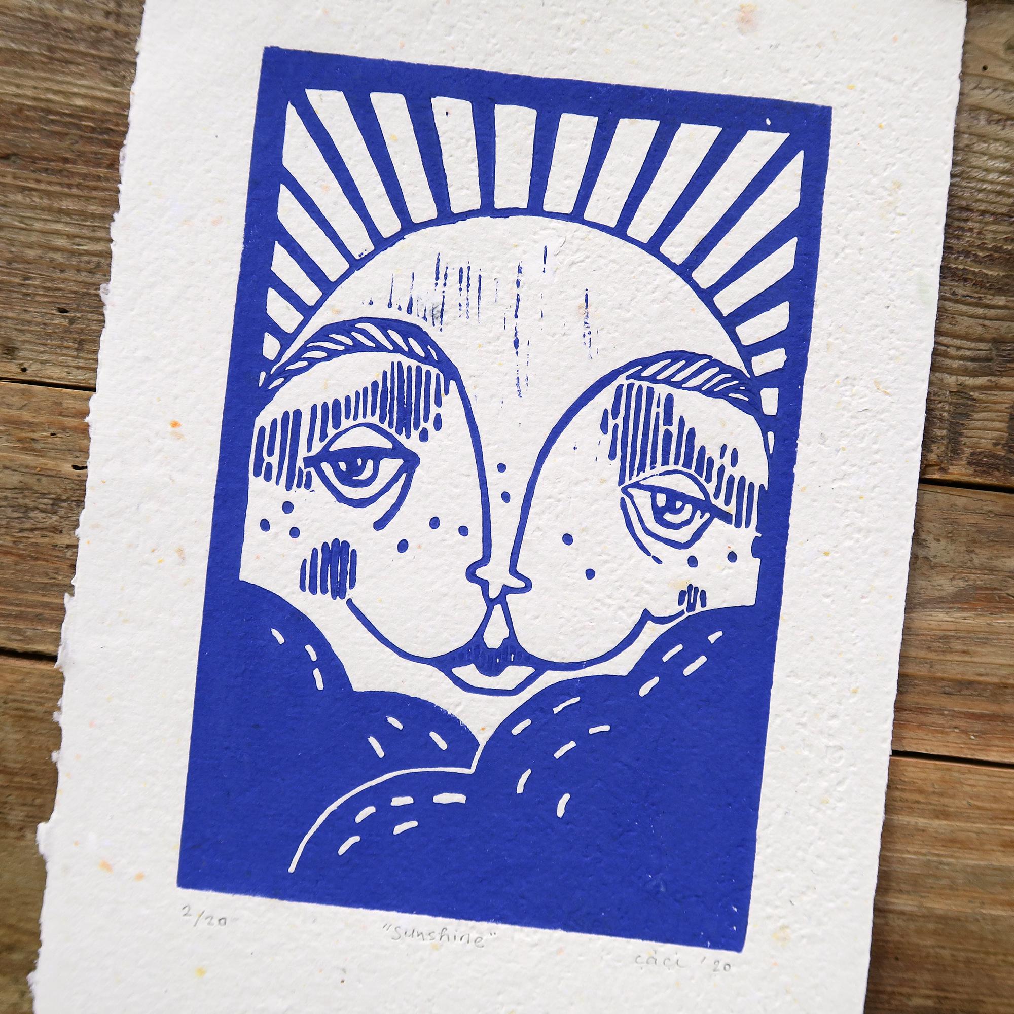 SUNSHINE Linocut Print - Sun Face With Clouds Artwork, Summer House ...