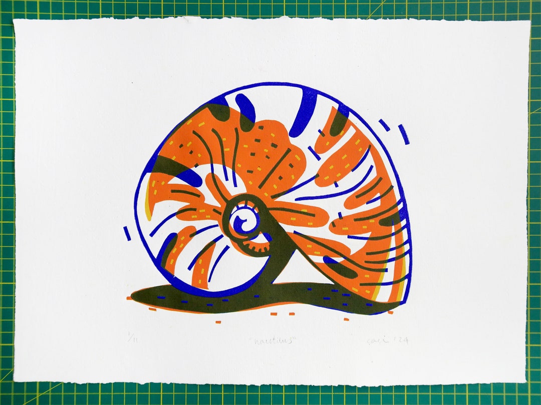 Nautilus Shell A3 Linocut Original Print Gift for Marine-theme Lovers ...