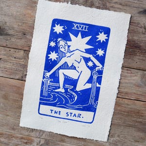 THE STAR Linocut Print- Woman With Shining Stars Wall Art, Hand Printed ...