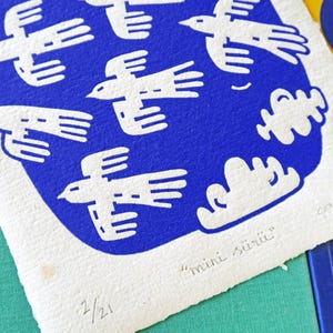 FLYING BIRDS Linocut Print - Peace, Freedom, Vibrant Blue Wall Art ...