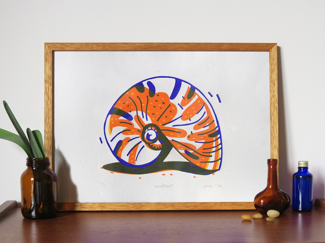 Nautilus Shell Framed A3 Linocut Original Print Gift for Beach Lovers ...
