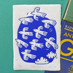 FLYING BIRDS Linocut Print - Peace, Freedom, Vibrant Blue Wall Art ...
