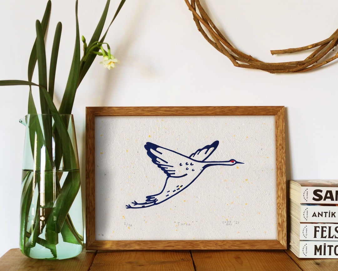 Flying Crane Framed Linocut Natural Wood Frame, Hand Carved, Hand ...