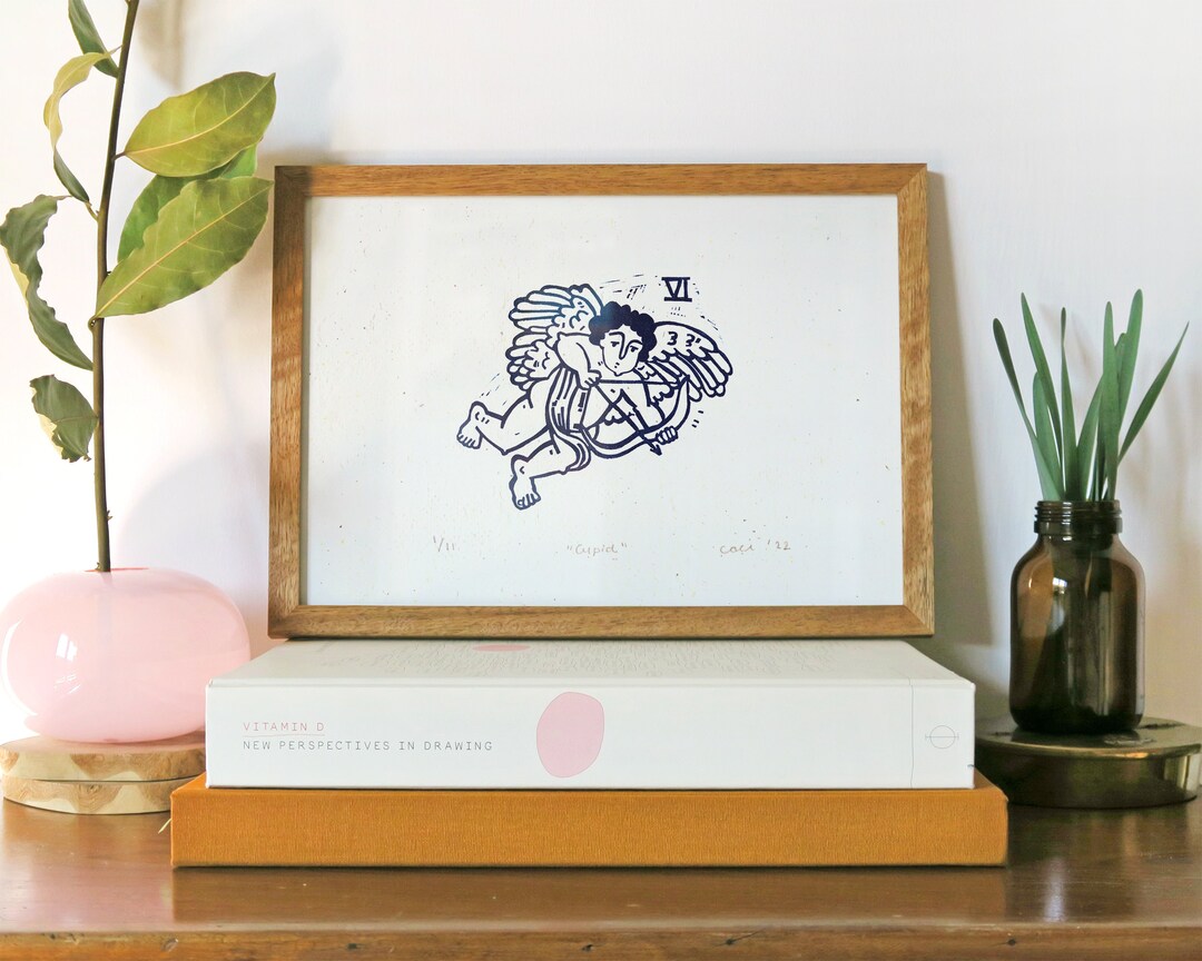 Cupid FRAMED Linocut Print EROS God of Love, Original Artwork, Gift for ...