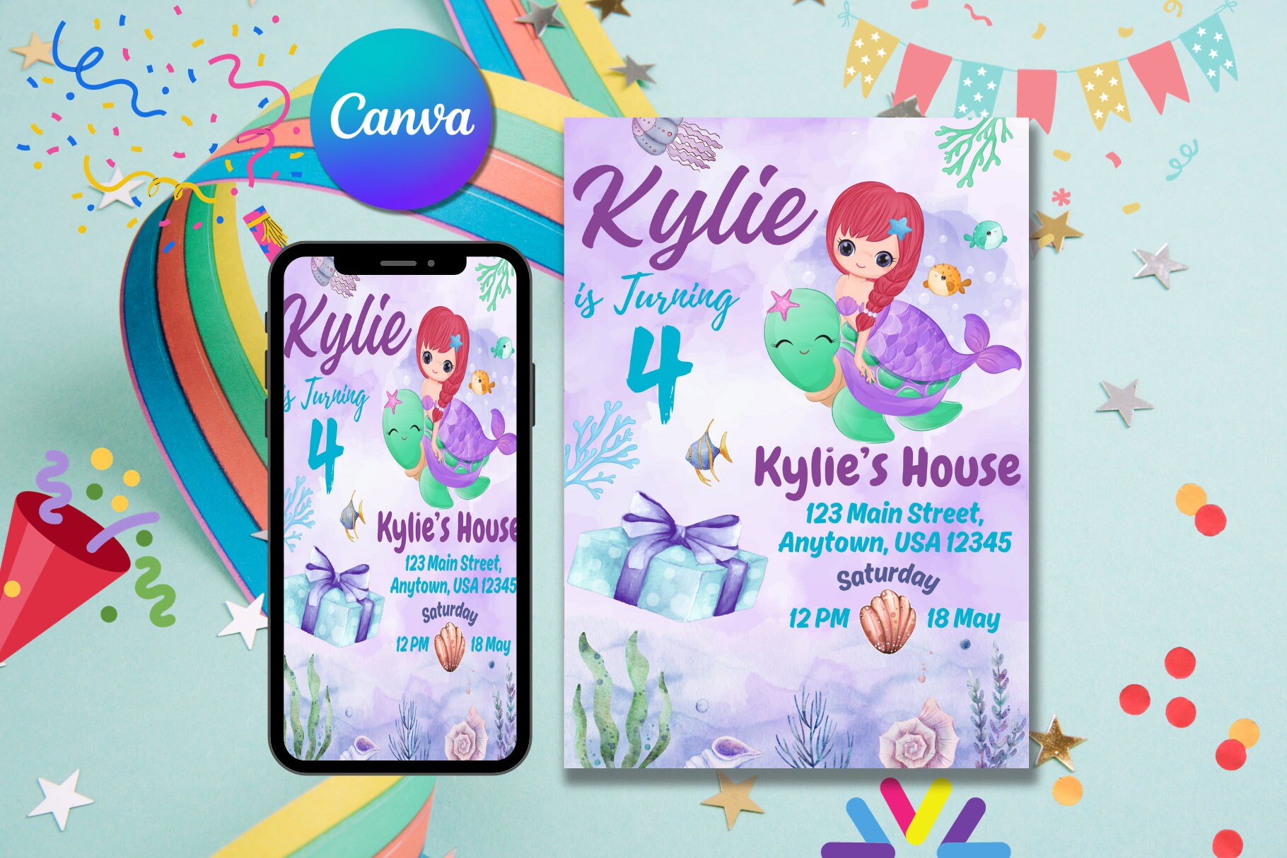 Editable Mermaid Birthday Invitation Template Printable, Mermaid Girl ...