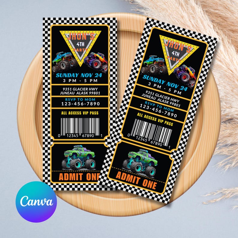 Editable Ticket Monster Truck Stub Birthday Invitation Template, Boom ...