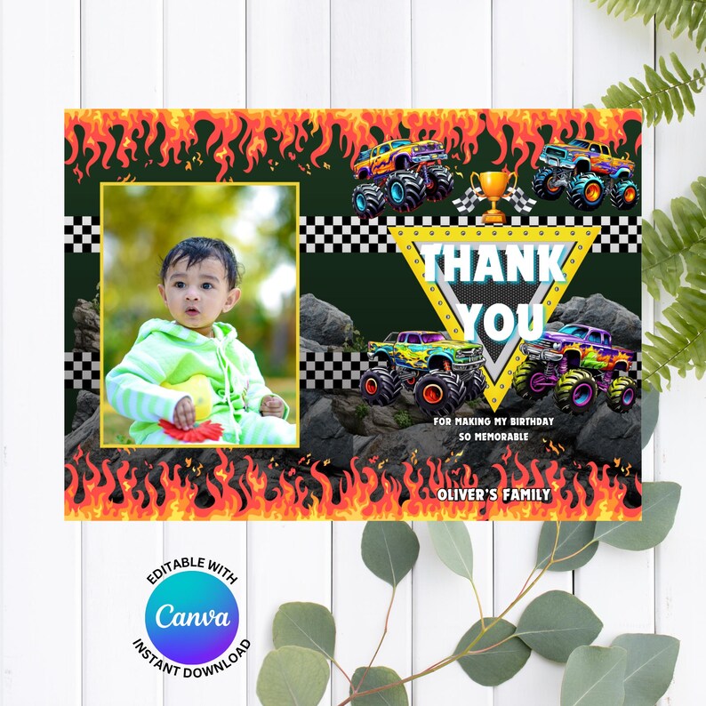 Editable Photo Photo Thank You Card, Monster Truck Birthday Invitation ...