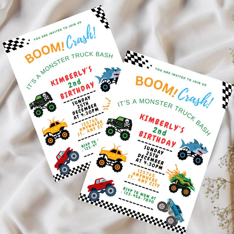 Editable Monster Truck Birthday Invitation, Boom Crash, Monster Truck ...