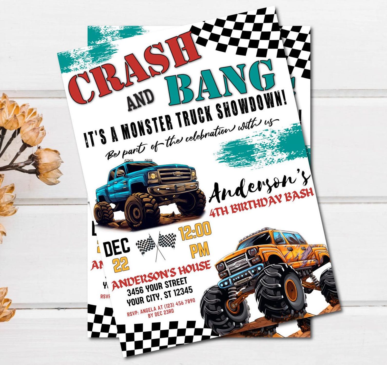 Editable Monster Truck Birthday Invitation Template, Printable Trucks ...