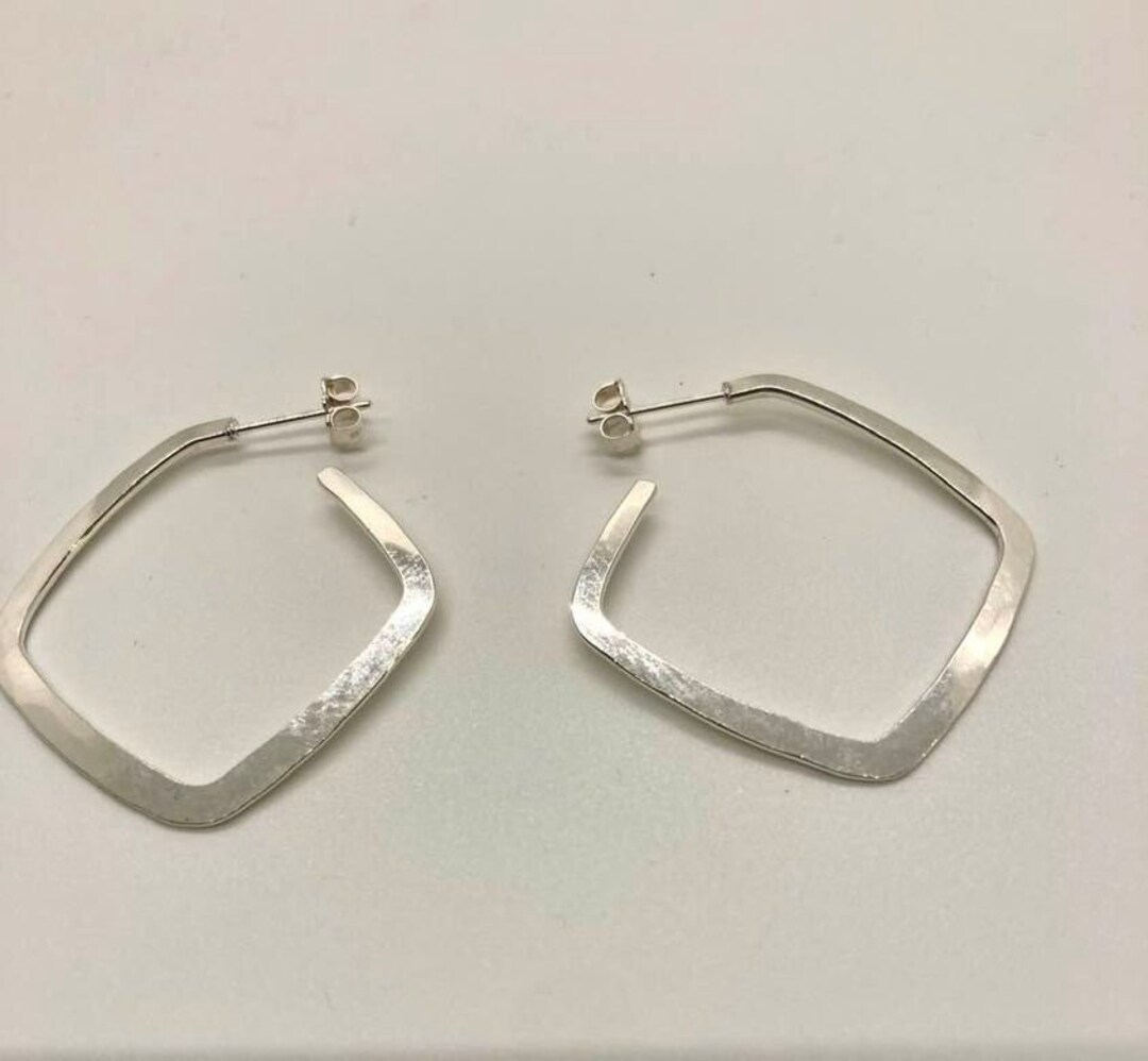 Small Sterling Silver Hoop, Square Shape, Plain and Hammered, Available ...