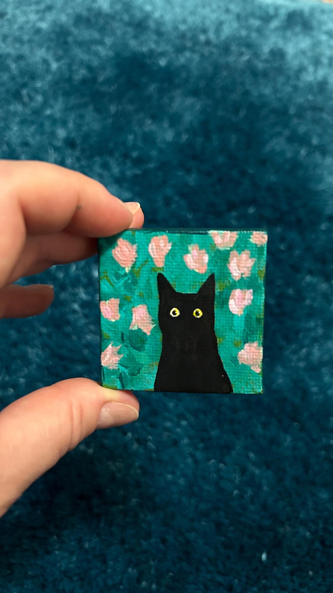 Black Cat 2x 2 Original Miniature Acrylic Painting on Canvas With or ...