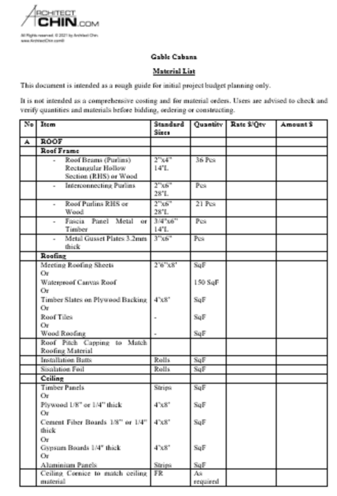 Cabana Plan, 8’W X (8’ to 16’) L X 12’H, 64 to 128 SF, Gazebo Plan ...