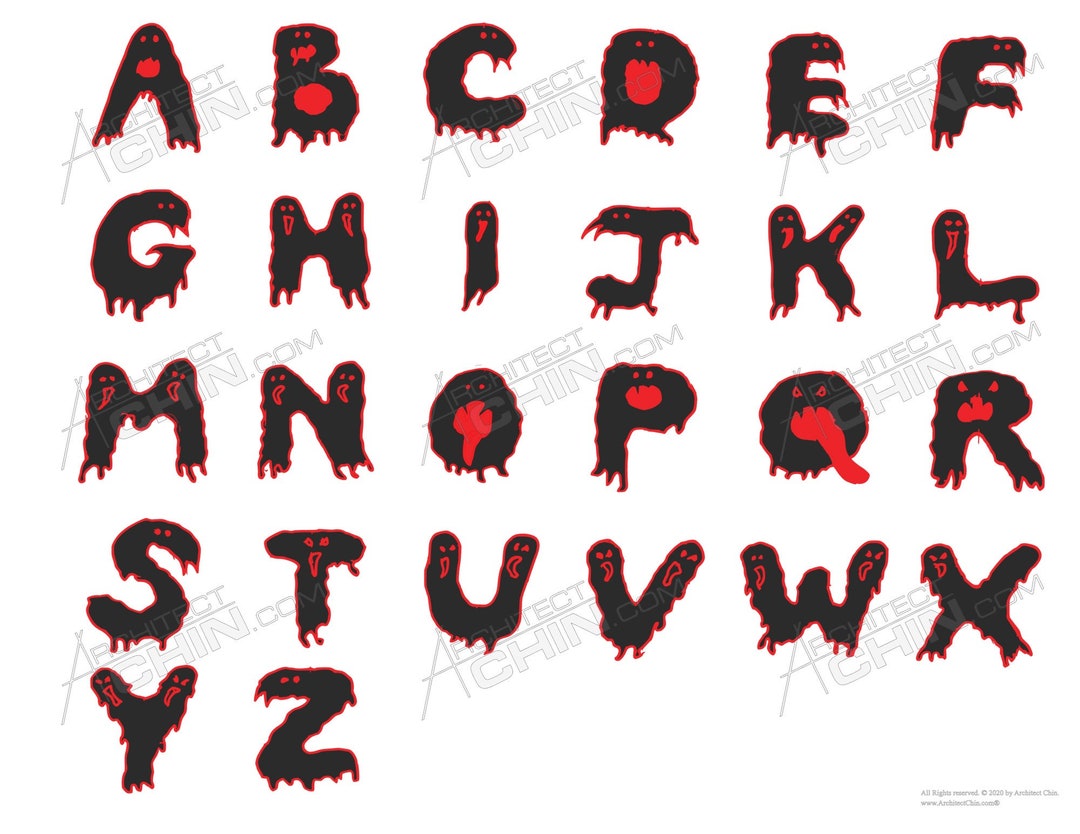 Halloween Alphabet: Hand Drawn Black & Red Letters (digital Download ...