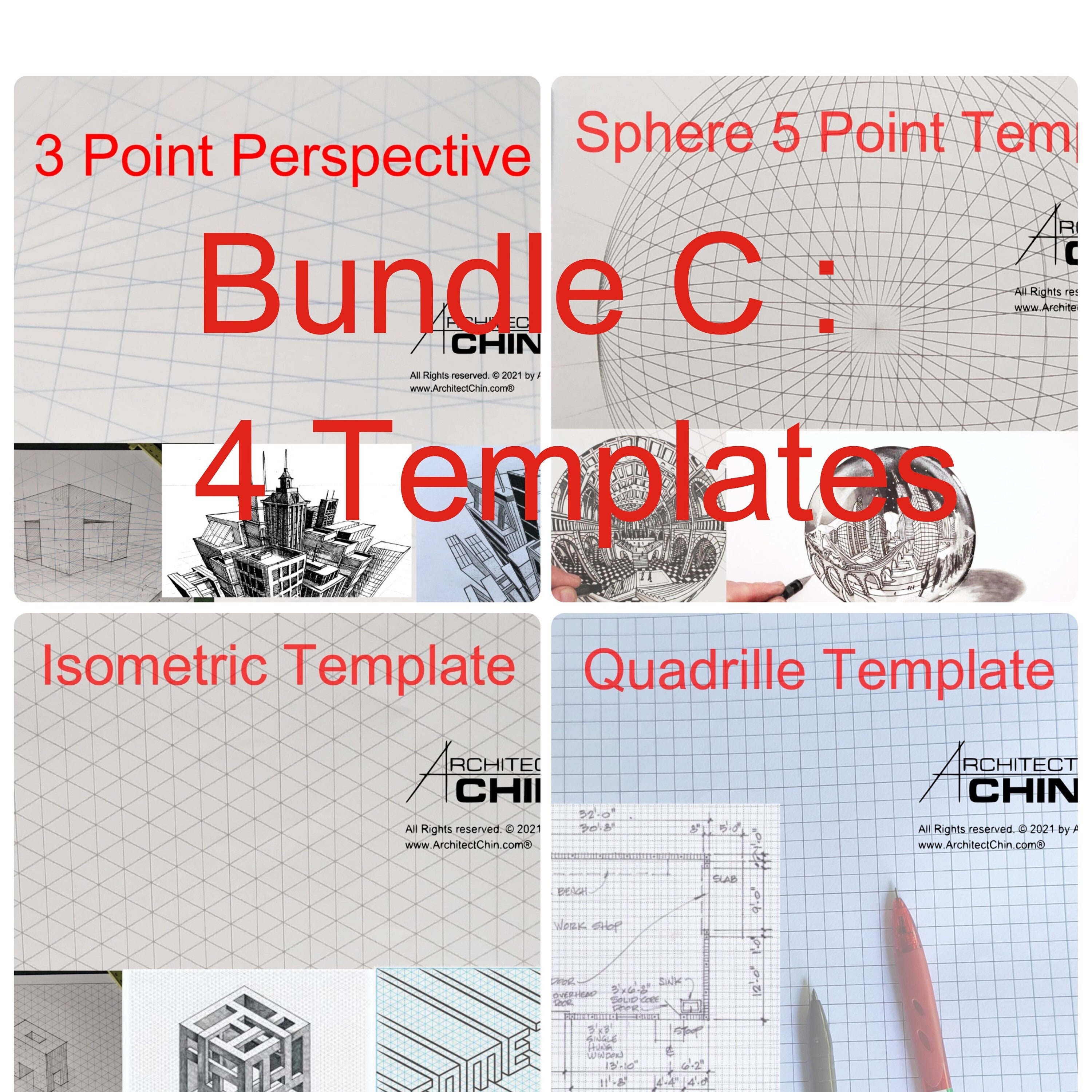 Bundle C: 3 Point Perspective, Sphere Grid, Isometric A Grid, Quadrille ...