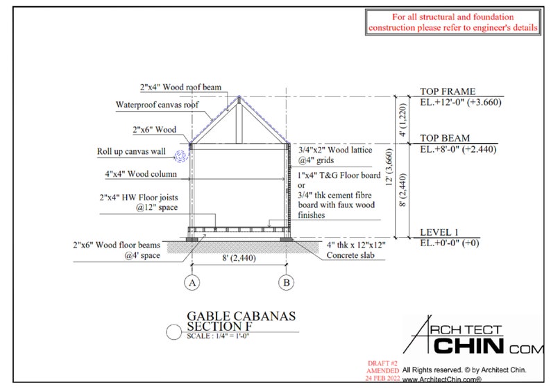 Cabana Plan, 8’W X (8’ to 16’) L X 12’H, 64 to 128 SF, Gazebo Plan ...