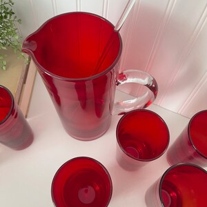 Vibrant Ruby Red Hand Blown Art Glass Pitcher With Set of 6 Glasses and ...