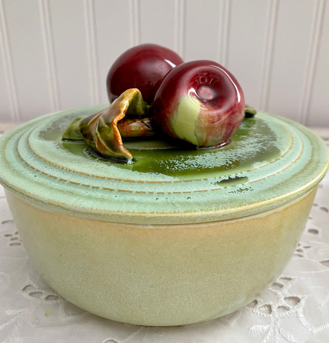 Serving Dish W/ Apple Lid Red Apples Leaves Cozy Fall Décor Green Glaze ...